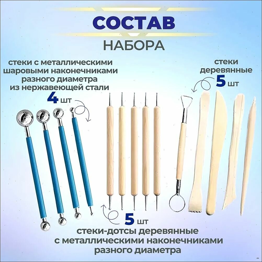 Набор для лепки и моделирования, инструменты для лепки, стеки металлические и деревянные, в пенале 14 предметов, двухсторонниеНовая модель 2025