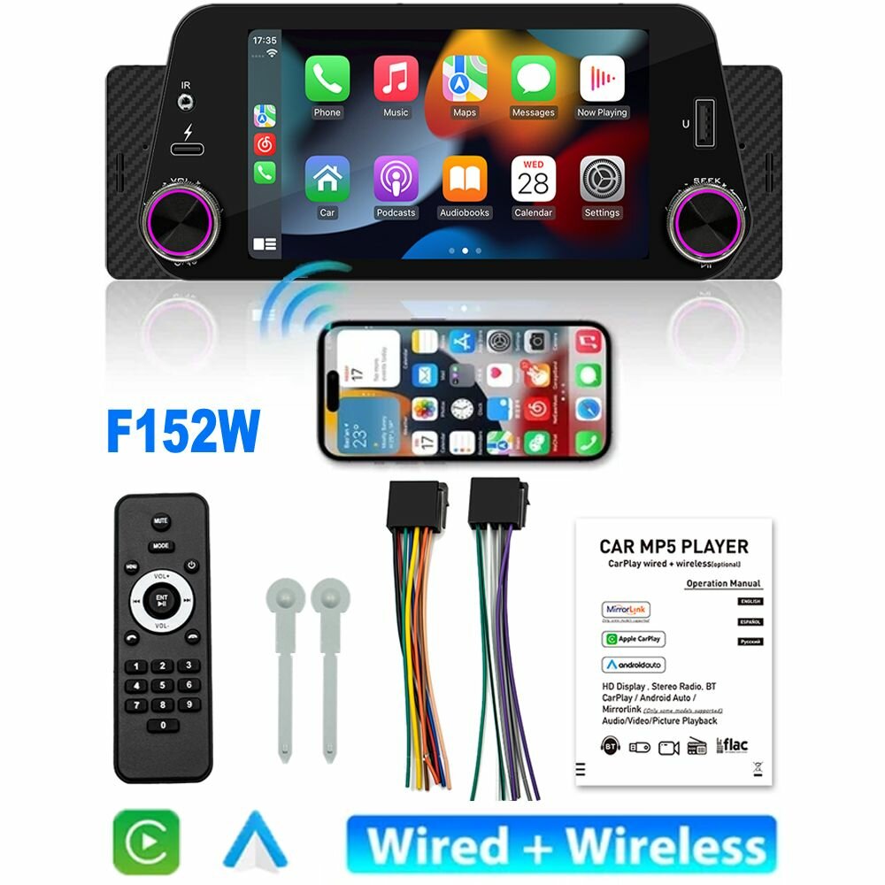 Автомагнитола 1DIN с беспроводным и проводным CarPlay/Android Auto, MirrorLink и Wi-Fi, 5-дюймовый сенсорный экран