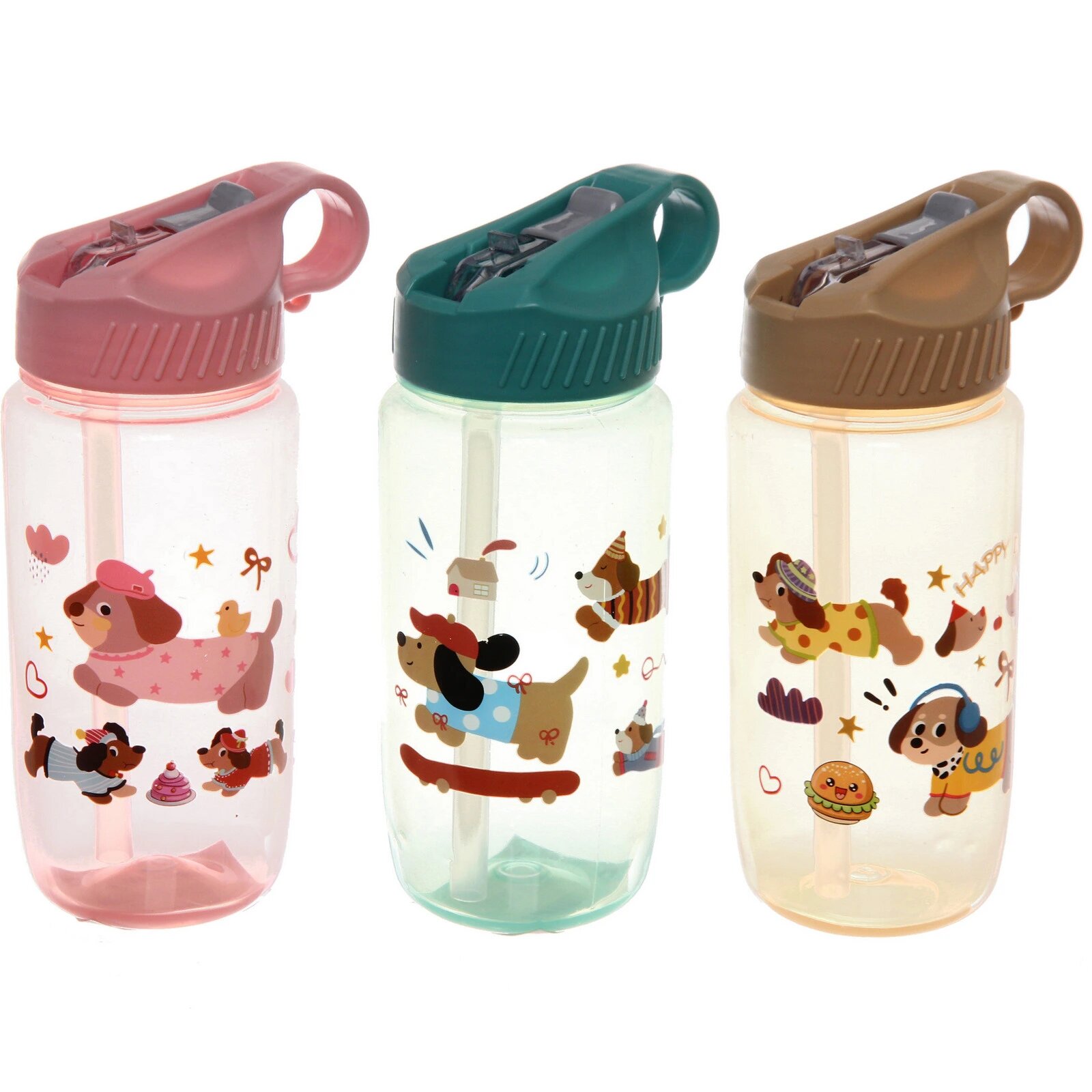 Бутылка питьевая 580мл с трубочкой и носиком, пластик, «Песики», разноцветный принт