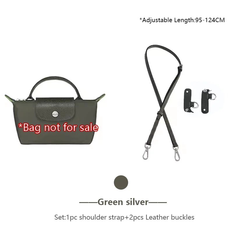 Кожаный ремень для сумки через плечо Longchamp Mini, плечевой ремень для сумки, Green silver set