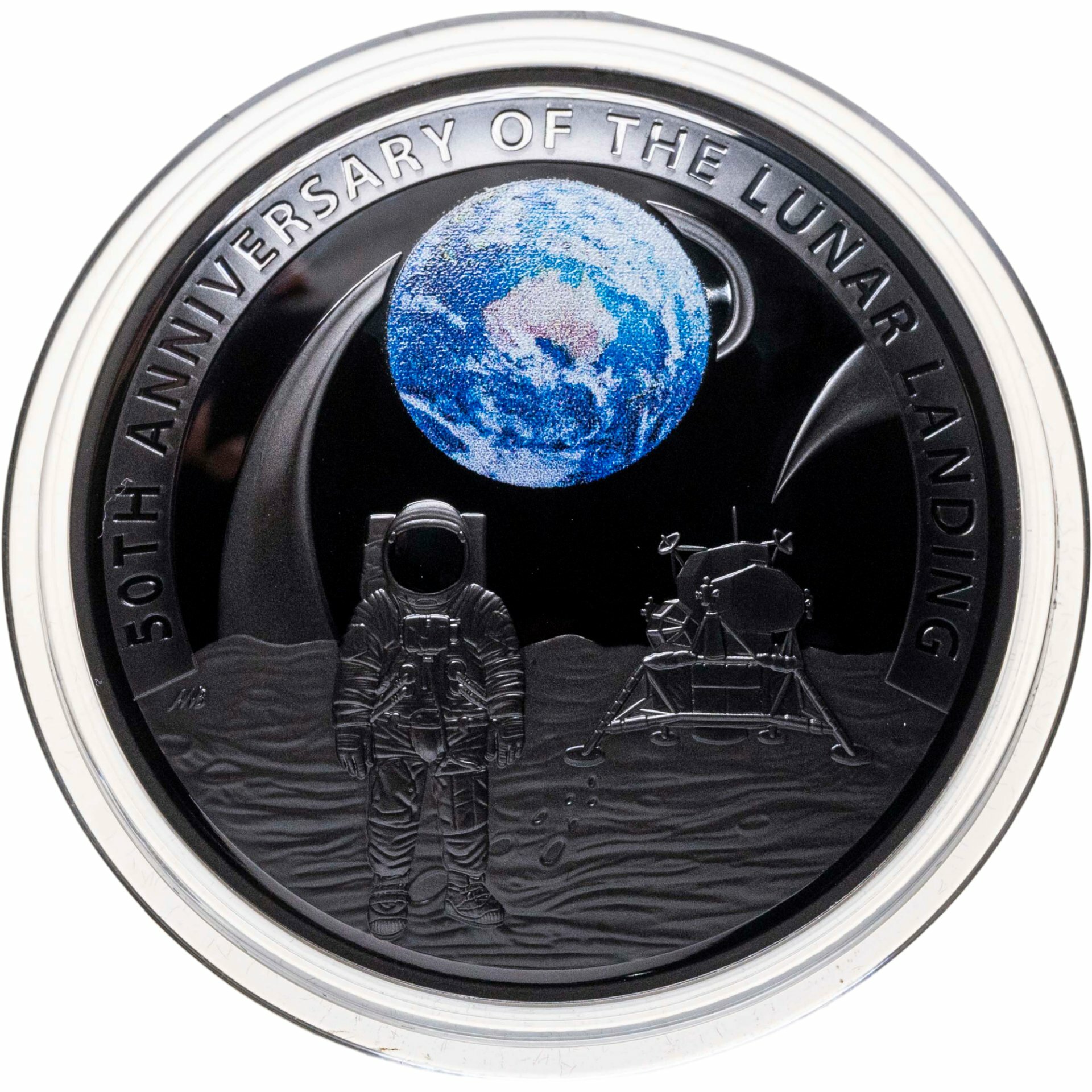 Австралия 5 долларов 2019 "50 лет высадке на Луну" в футляре, с сертификатом, Серебро 999, в сохранности UNC