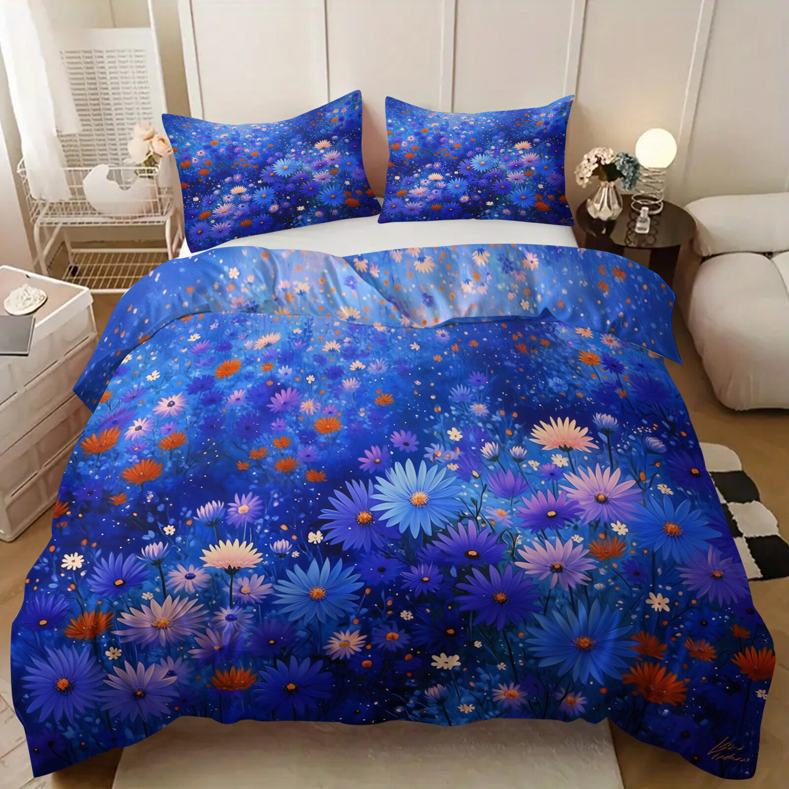 Постельное белье 2-спальное, евро простынь 200x220cm,2 наволочки 70х70, Голубая Ромашка полисатин спальный комплект