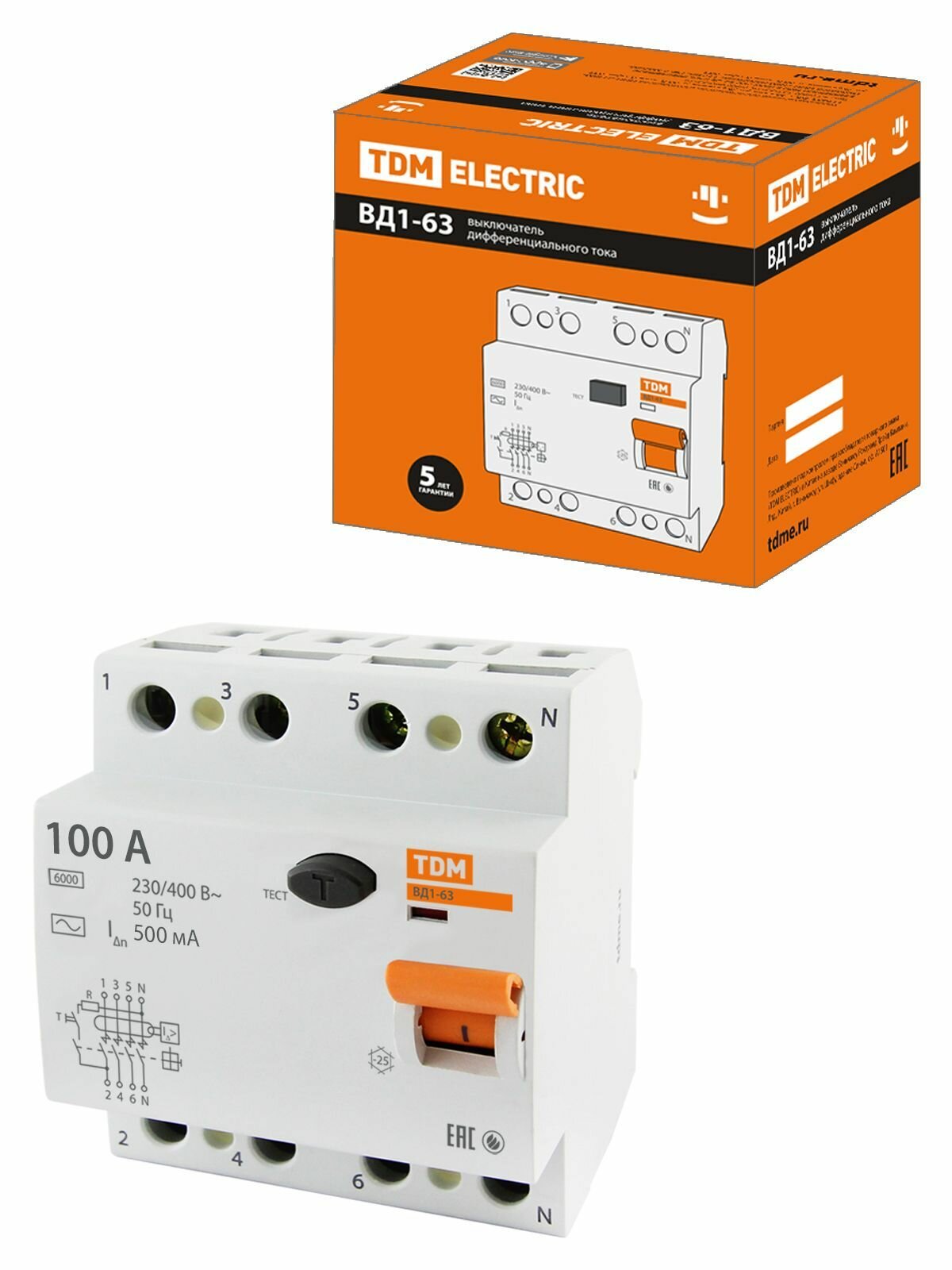 УЗО ВД1-63 4Р 100А 500мА TDM Electric