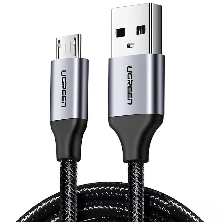 Кабель UGREEN US290 (60403) USB-A 2.0 to Micro-USB Cable Nickel Plating Alu Braid (3 метр) чёрный/серый