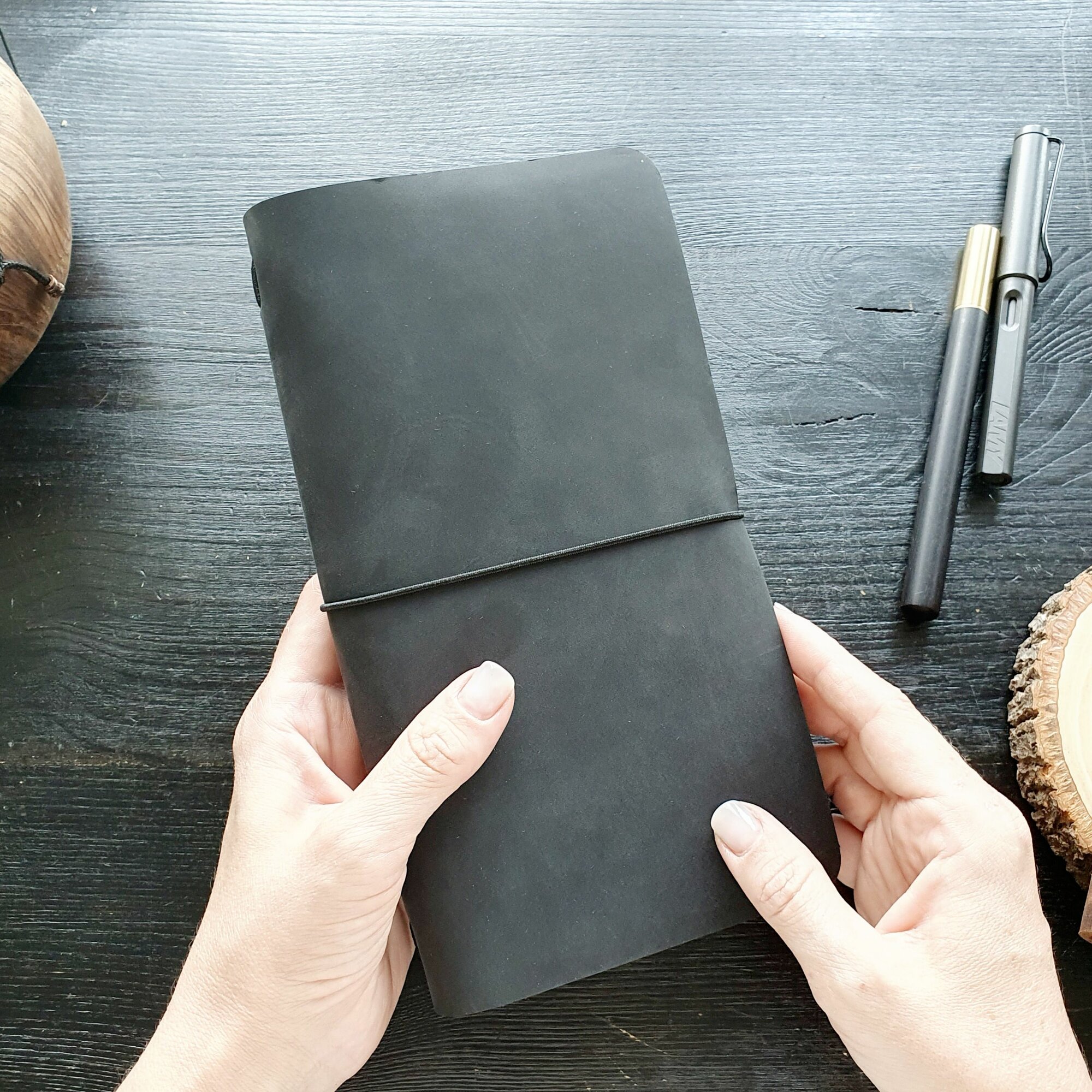 Кожаный блокнот формата Midori Standart (13х22см) со сменными тетрадями на резинке / записная книжка / скетчбук 90 листов