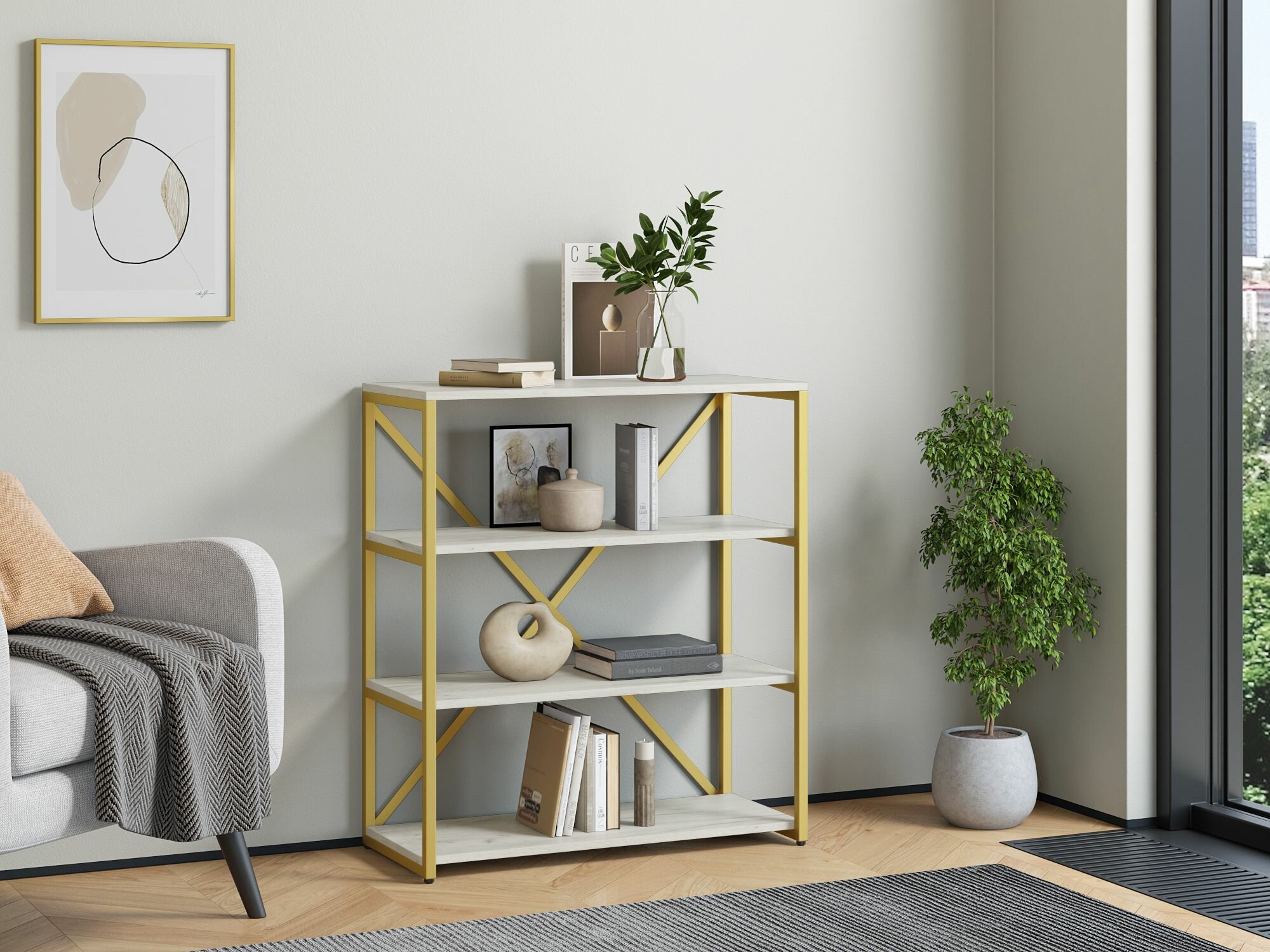 Стеллаж Айсберг Лофт Gold 80/4 Золотой с полками дуб крафт белый