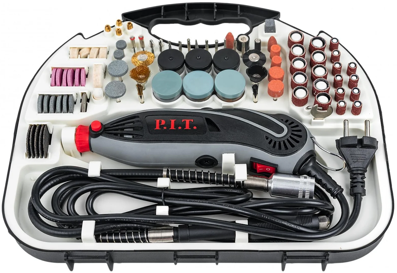 Гравер P.I.T. PMG150-С мастер (150Вт, гибкий вал, цанга 3,2mm, 10000-33000rpm, 211 предметов)