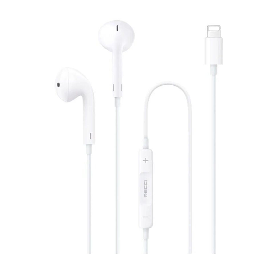 Наушники проводные c Lightning, Recci Wired Earphone, с микрофоном, 1.2 метра, Белый, REP-L09