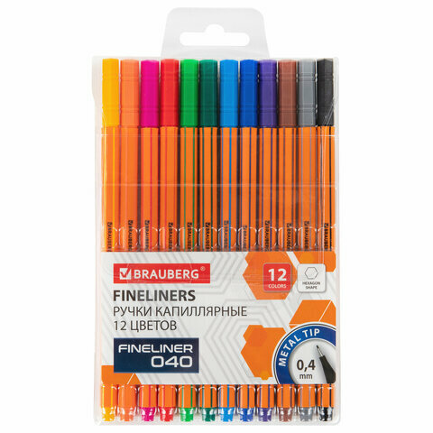 Ручки капиллярные (линеры) 12 цветов, BRAUBERG "FINE 040", шестигранные, линия 0,4 мм, 144143