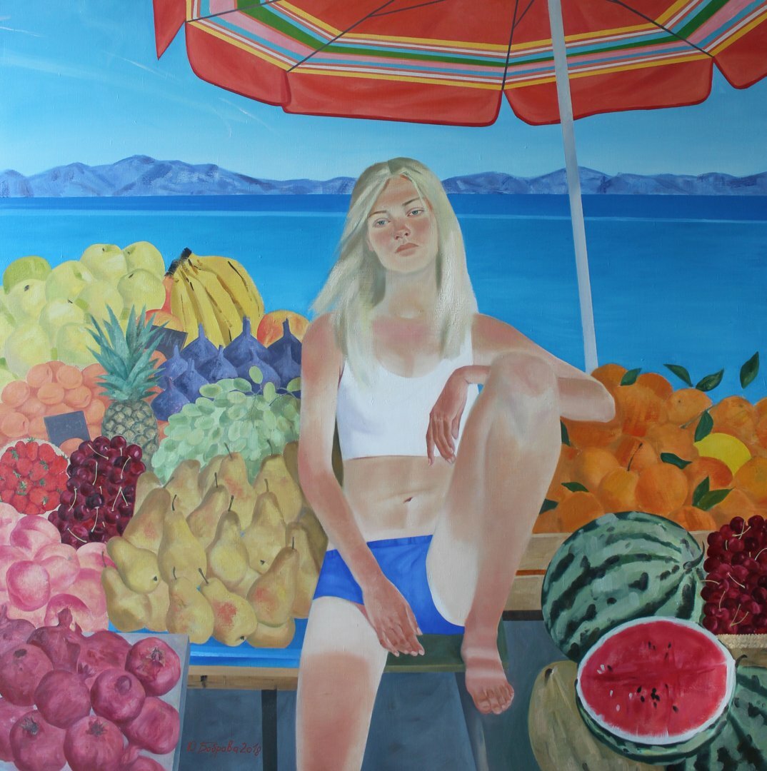 Фруктовая лавка, Юлия Боброва, 2018, Реализм, Лён, Масло