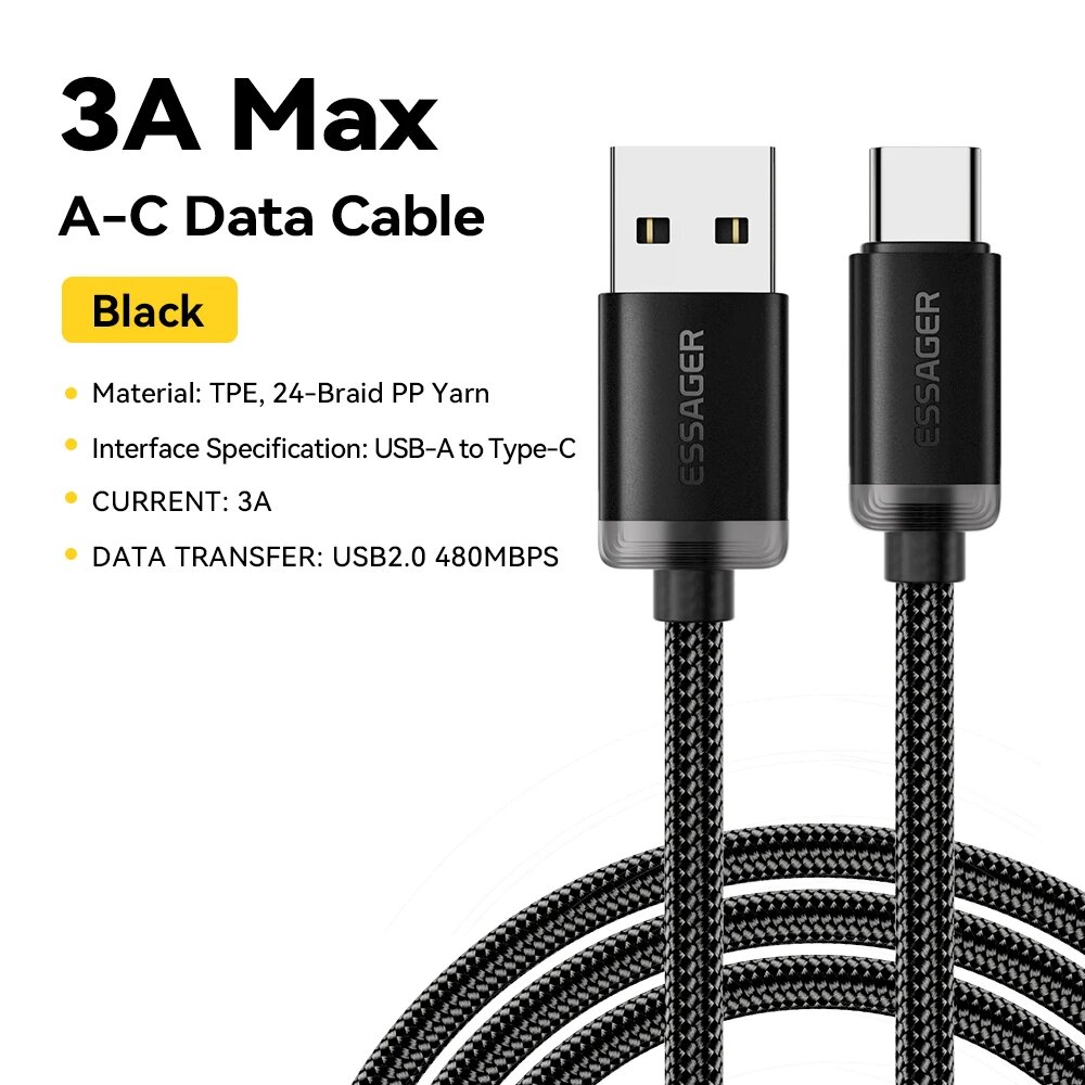 Essager 3A Кабель USB типа C USB A к типу C Кабели для быстрой зарядки для iPhone 15, Samsung, Xiaomi, зарядное устройство для мобильного телефона, провод 1 м