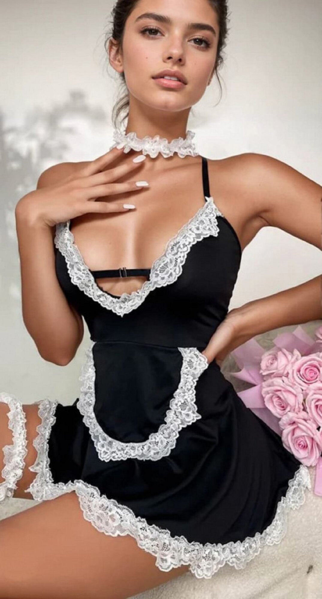 Ролевой костюм "Секси домработница" платье с фартуком, чокер, подвязка, трусики-стринги XL