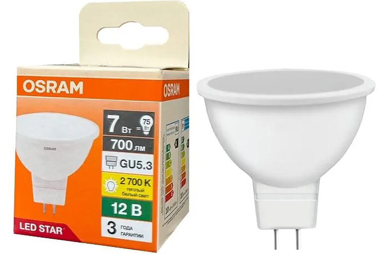 4шт/уп. Лампа LED Спот 7Вт 12В GU5.3 MR16 700Лм Угол 110 град. 2700К Свет Теплый белый 50х48мм Osram, уп. 4шт