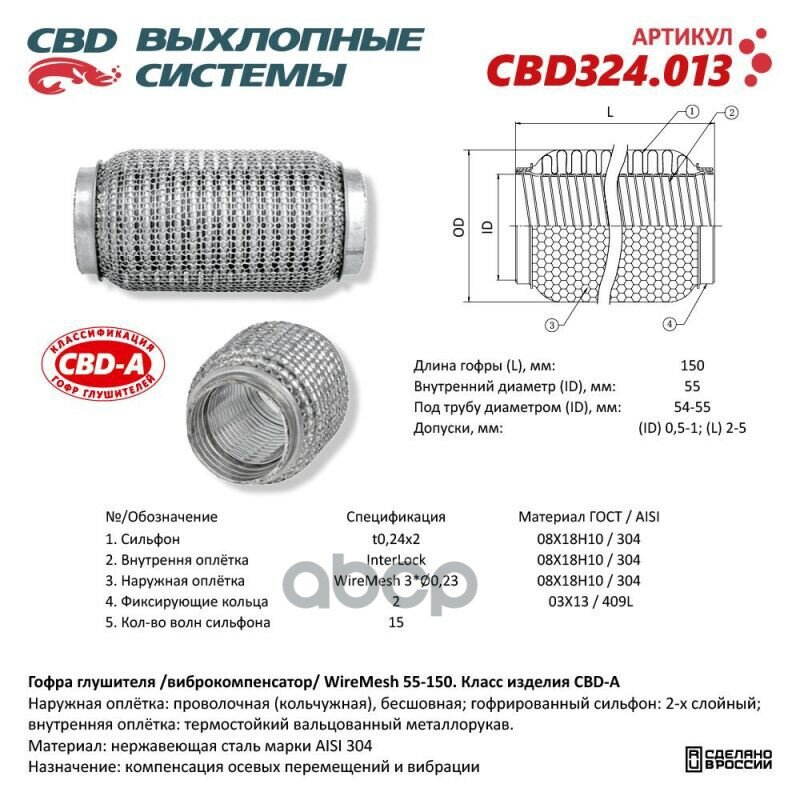 Гофра глушителя CBD 3х-сл WIRE MESH кольчуга 55-150. CBD324.013 CBD арт. CBD324013