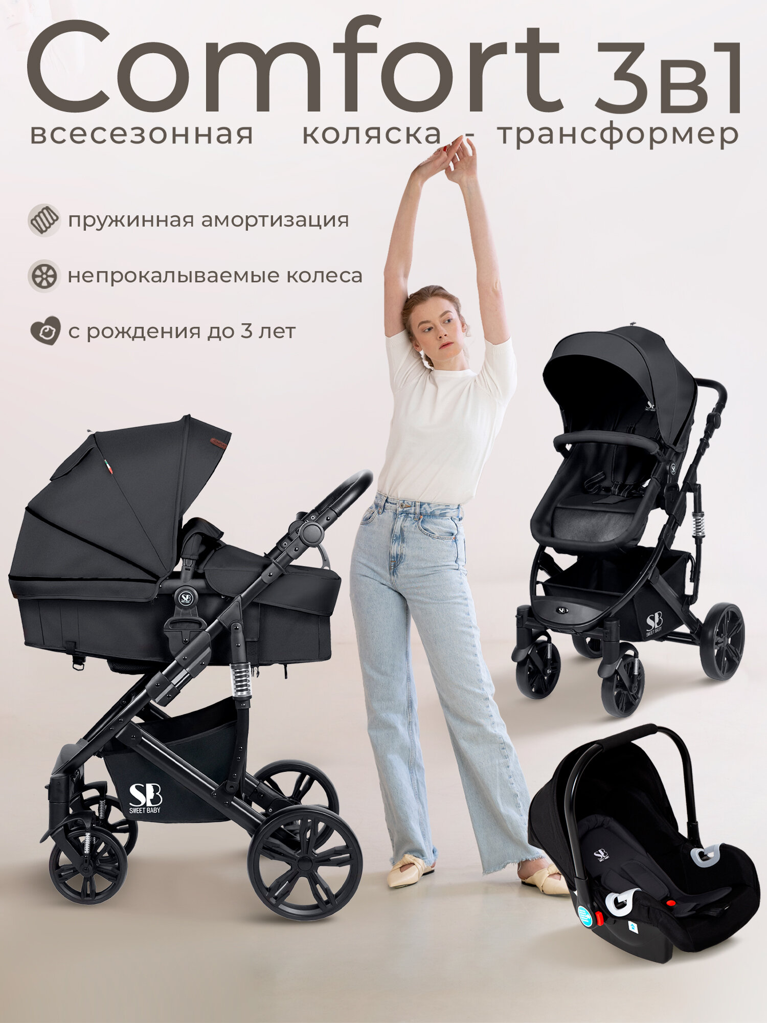 Коляска-трансформер 3в1 Sweet Baby Comfort Black Black