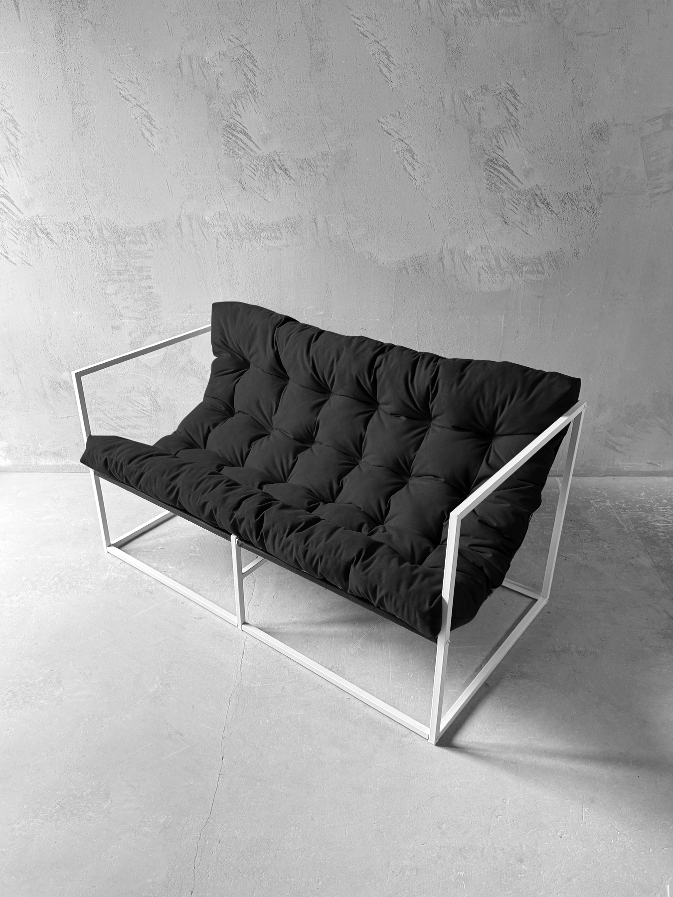 Диван лофт прямой, уличный, в офис, на балкон, на веранду, в гостинную, кухонный, Лофтовик + велюр черный , белый каркас