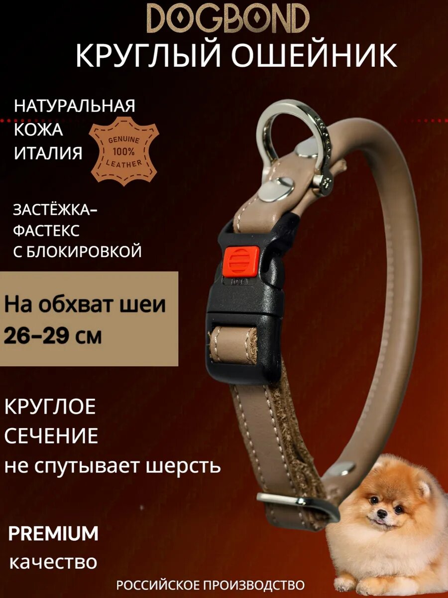 Dogbond Ошейник для шпица круглый кожаный 26-29 см