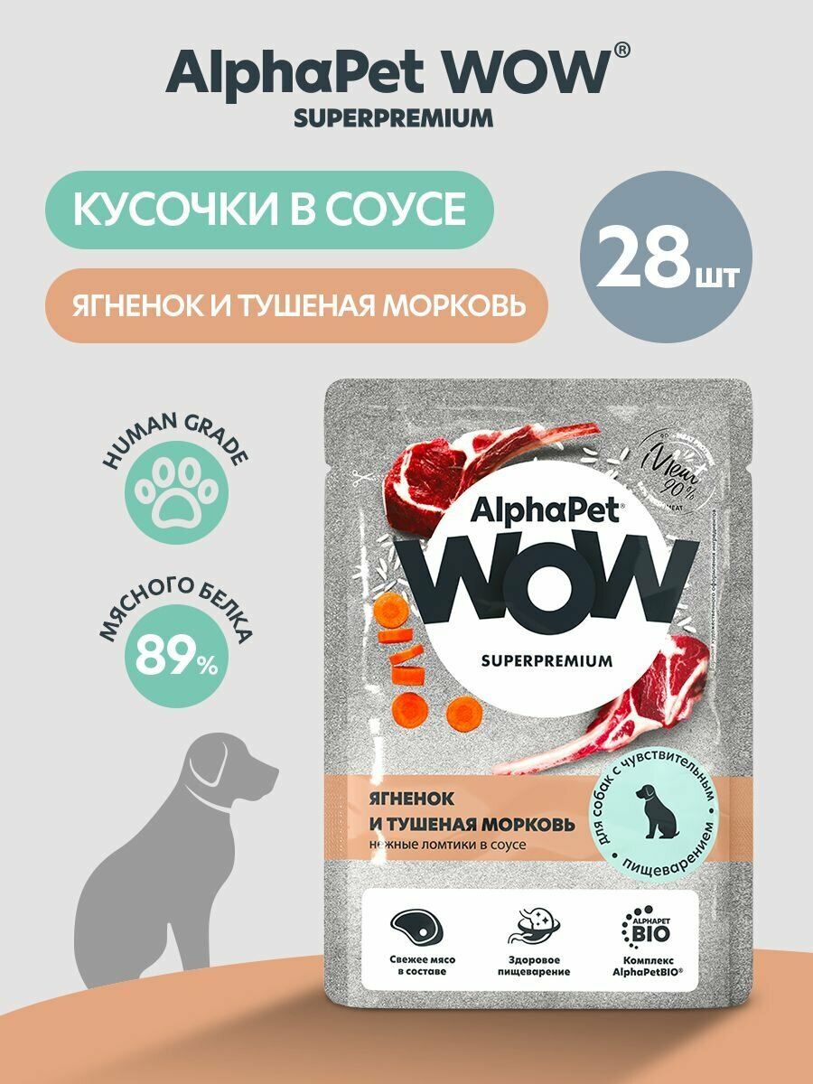 Влажный корм для собак AlphaPet "Wow Superpremium" с ягненком, тушеной морковью и соусом, 85г