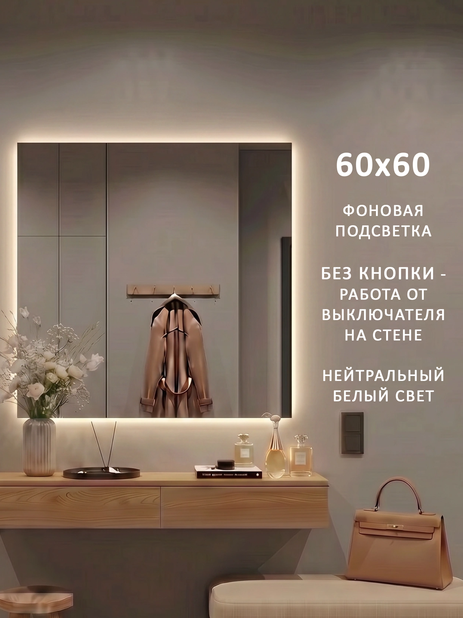 Зеркало настенное в прихожую Alias Квартал 60*60, нейтральная LED-подсветка, без кнопки от выключателя