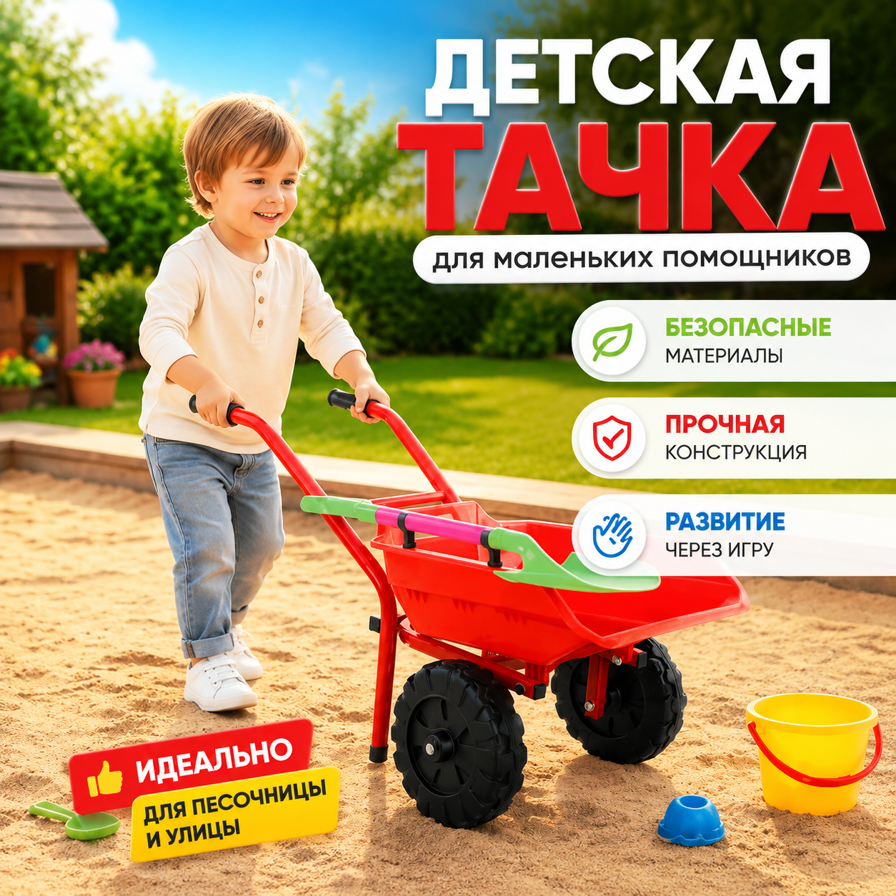 Детская двухколесная тележка с лопатой для пляжа и дачи, набор для песка, прочная и безопасная, для детей 2-8 лет