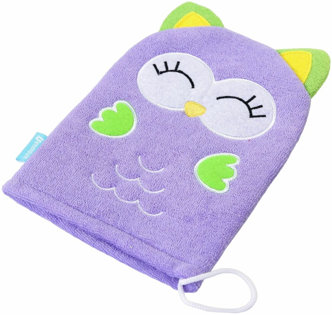 Мочалка-игрушка детская "Совёнок" с петелькой, губка-варежка мягкая для купания малышей, рукавичка из махры