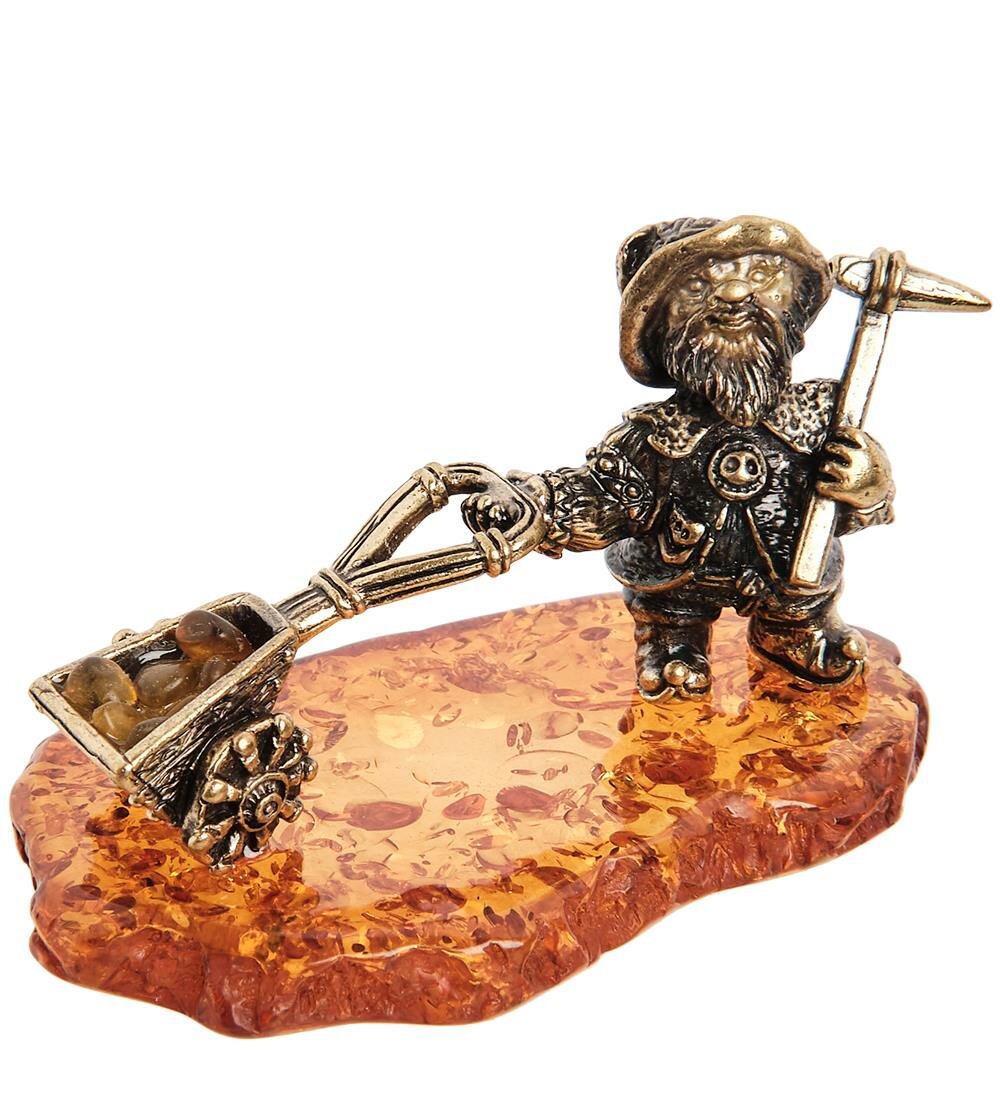 Фигурка Гном с тележкой (латунь, янтарь) AM-1507 Народные промыслы Бронза, латунь, реструктурированный янтарь