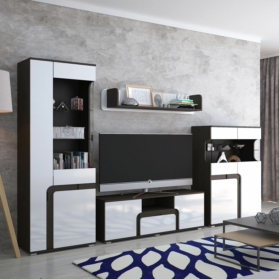 Стенка в гостиную Горизонт "Марсель", ЛДСП, МДФ, венге, белый глянец