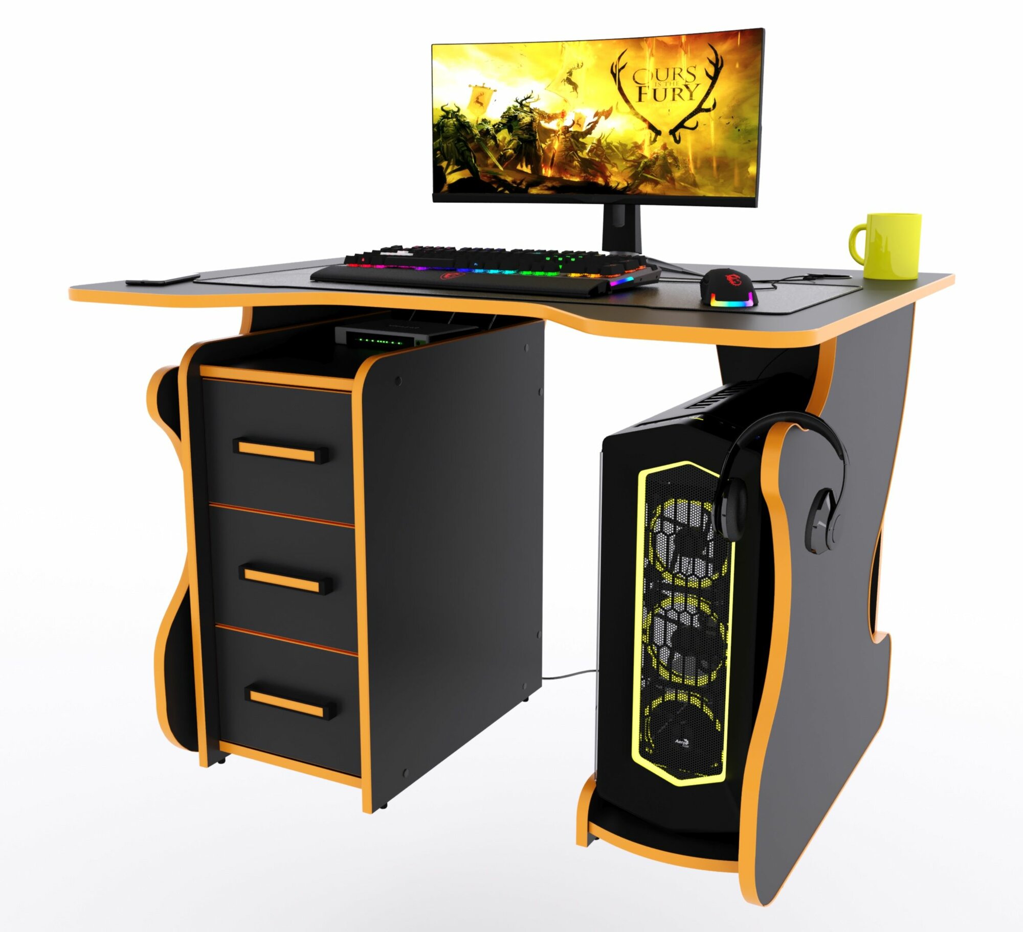 Игровой компьютерный стол "Даги" с тумбой, 100x80x75 см, чёрный с оранжевой кромкой
