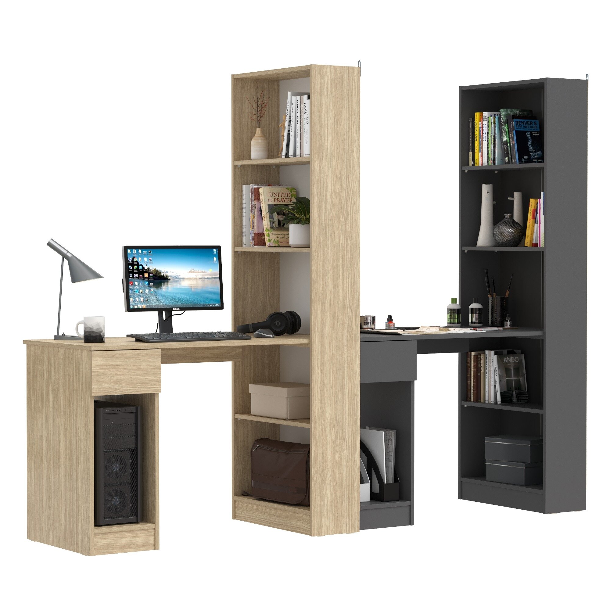 Два компьютерных стола со стеллажом Mobi Лайт 10.01 плэйн/тёмно-серый, (ШхГхВ) 230,6х58х179 см