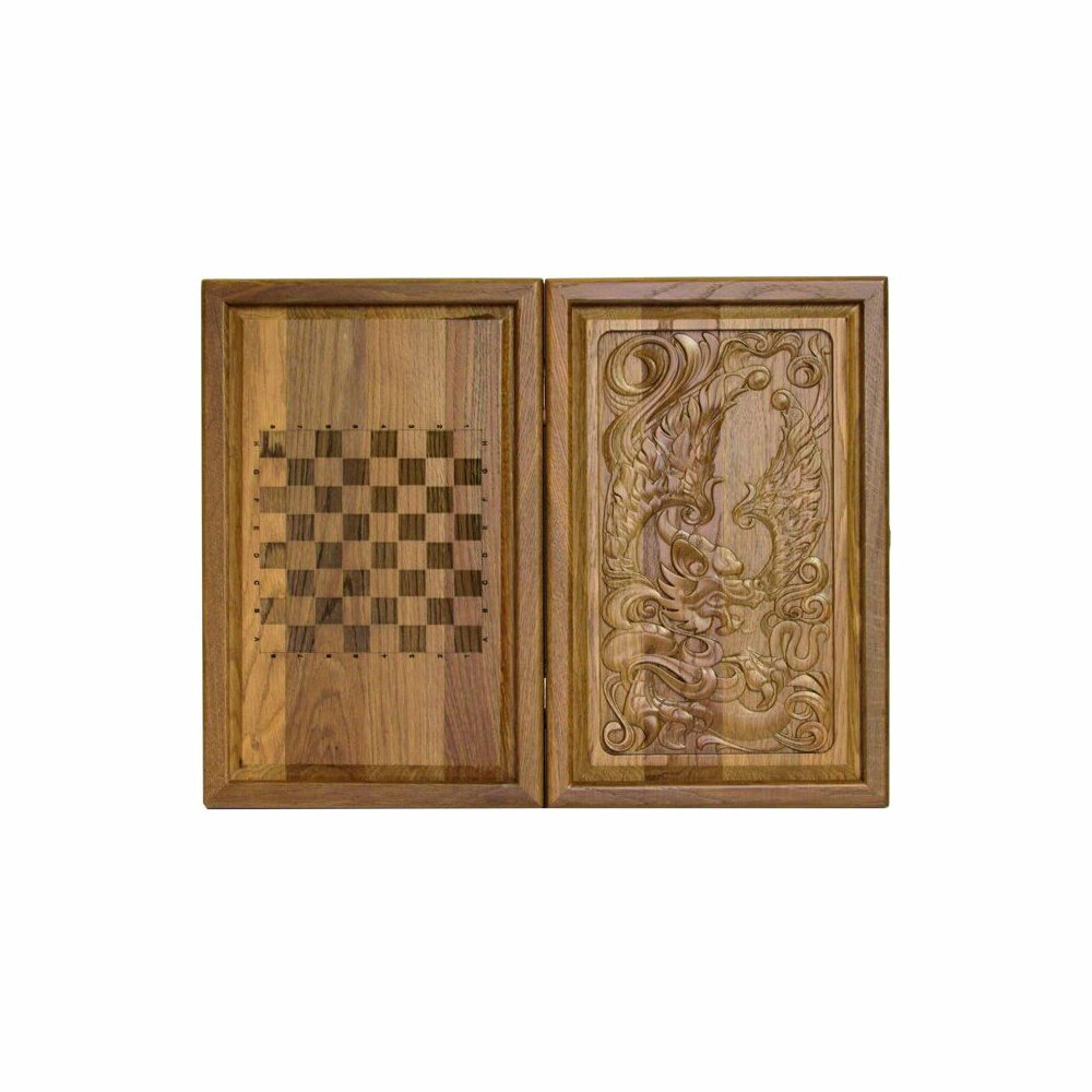 Резные объемные нарды+шашки дорожного размера из массива мореного дуба Дракон 36*46 см 999-32-14