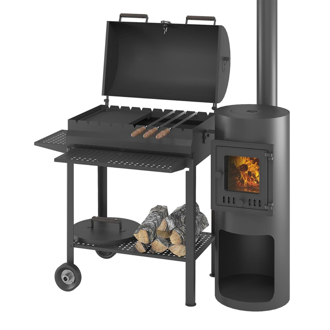 Гриль-печь "От Шефа" Везувий, сталь, для казана, передвижная, на колесах, с крышкой, черная