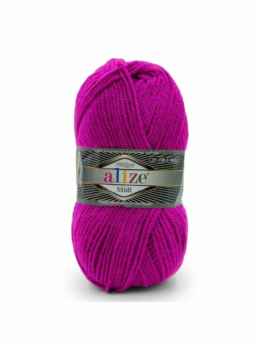 Пряжа Суперлана миди Alize (Superlana Midi) упаковка 5 мотков 100 гр. 170 м. 25% шерсть 75% акрил цвет 209 фуксия