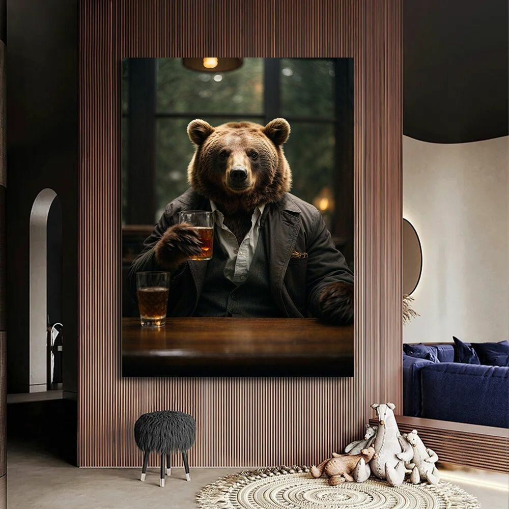 Картина "Медведь в костюме", на холсте, на подрамнике, дерево, 60x80 см