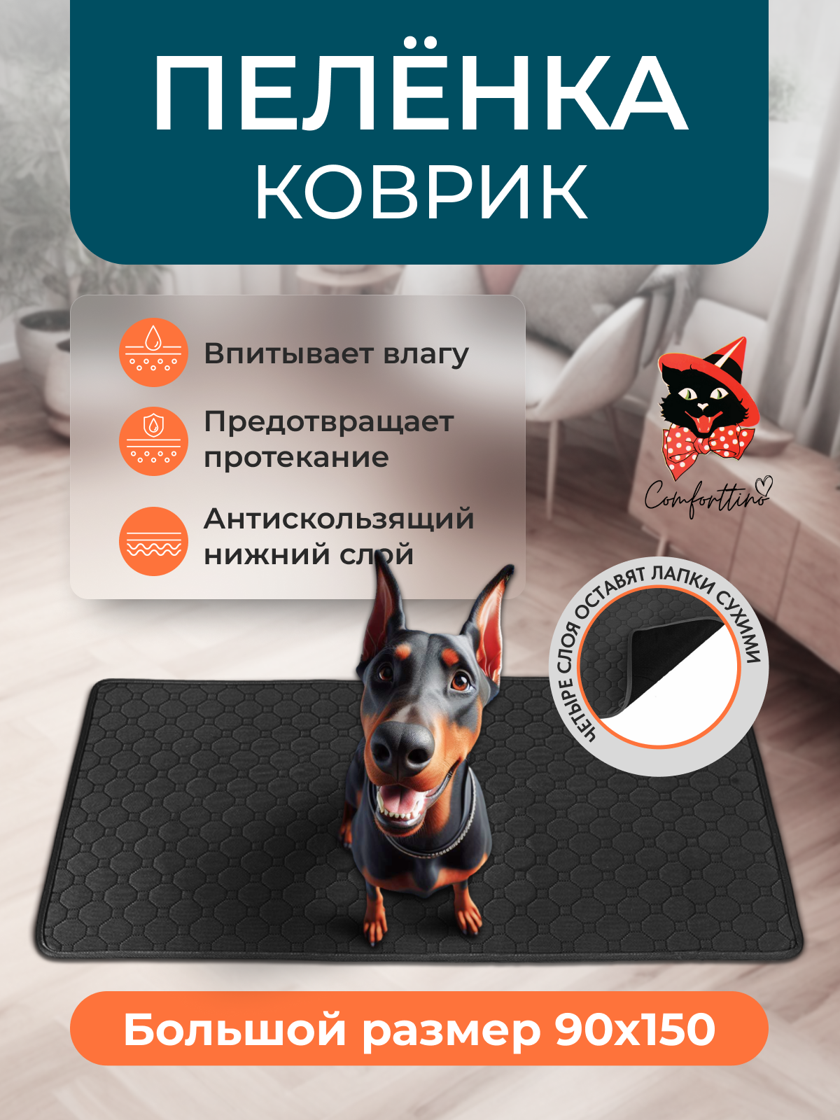 Пеленка для собак не одноразовая 90x150 см непромокаемая с противоскользящим покрытием для животных средних и крупных пород