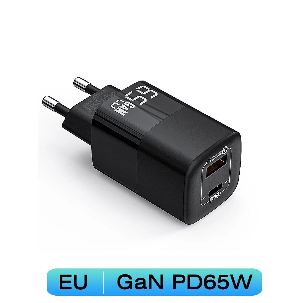 Быстрое зарядное устройство UGOURD PD 65 Вт GaN, адаптер питания с USB A и Type C, EU GaN 65W Black