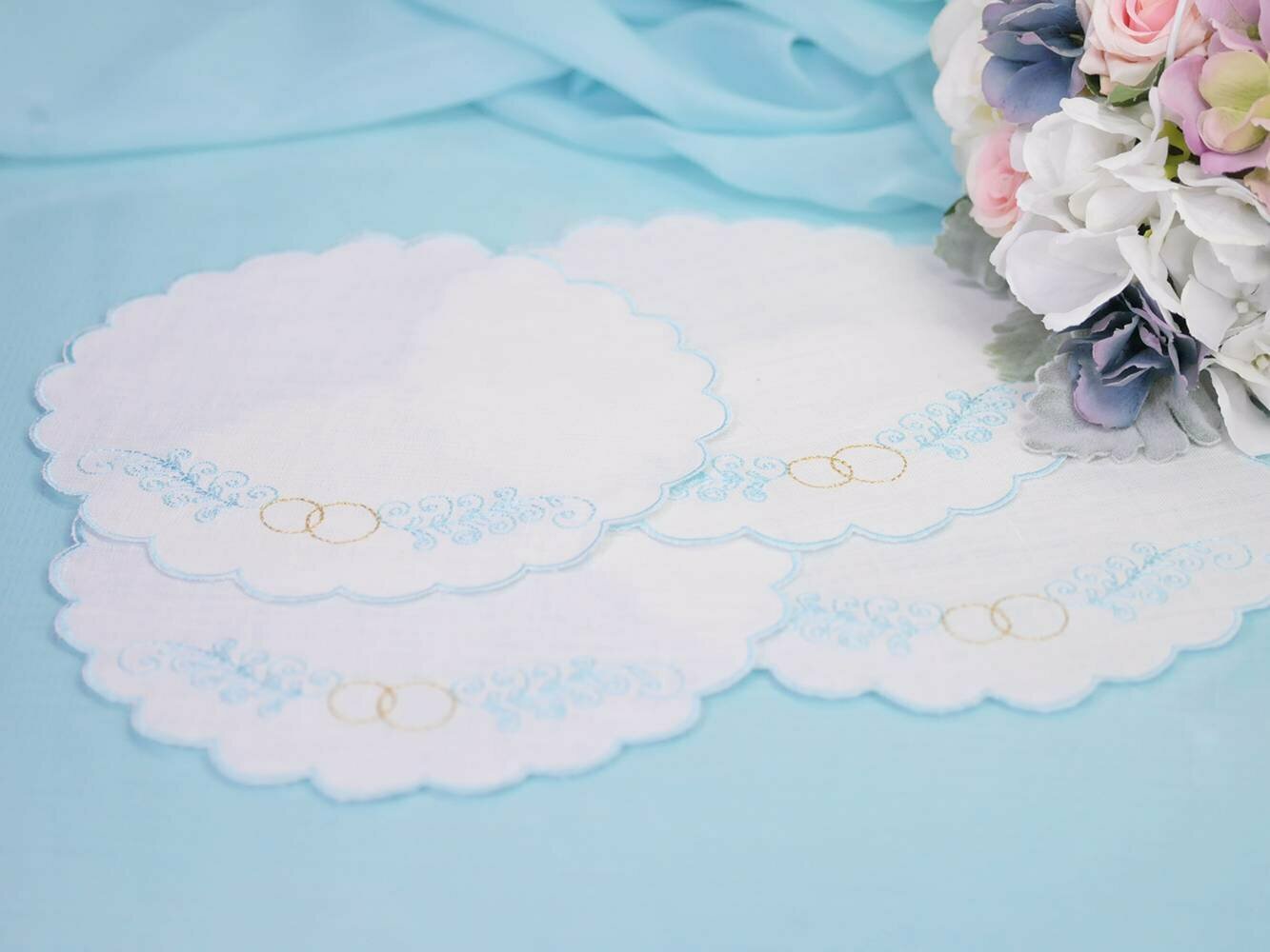 Салфетки для венчания "S-02", 100% лён, 2шт, 20x20см, белые, бирюзовые