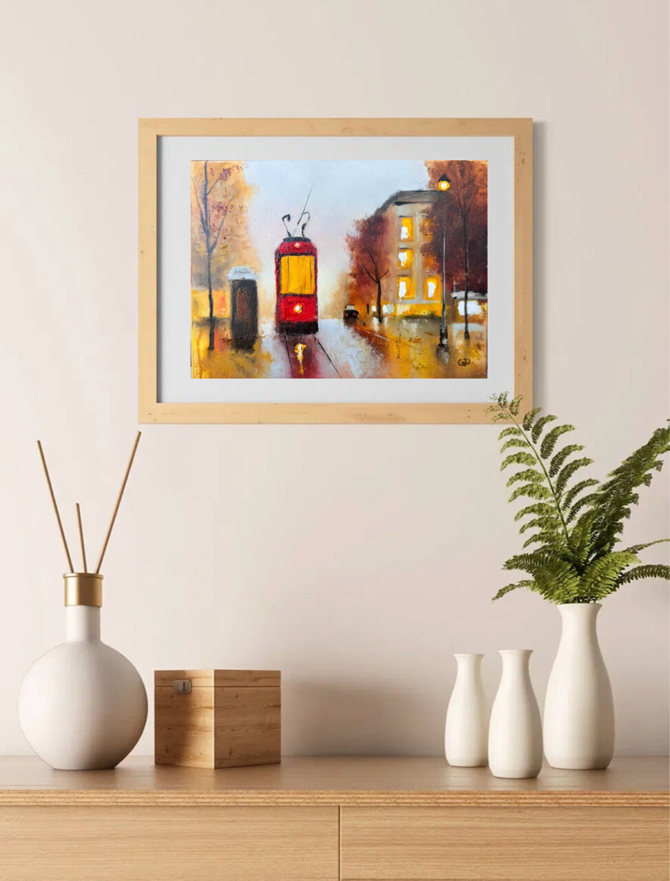 Картина маслом ручной работы: Красный Трамвайчик для интерьера дома на холсте на подрамнике, размер 30х40 см