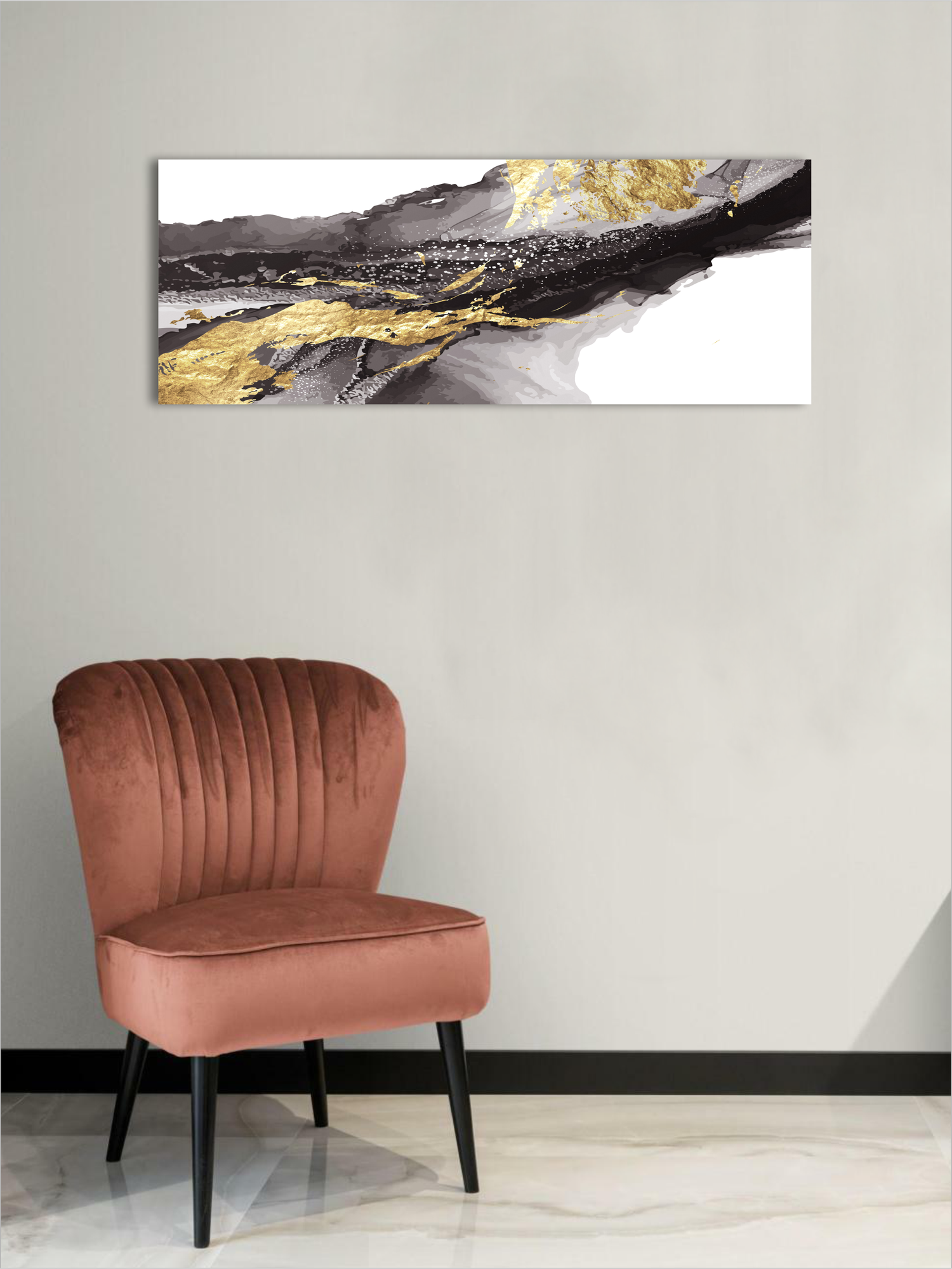 Картина для интерьера на стену минимализм. Чёрно-белая абстракция с золотом 40х90 см на холсте на подрамнике