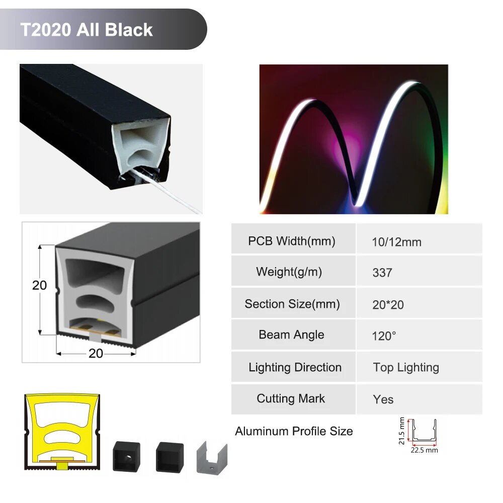 Алюминиевый профиль для светодиодной ленты FUNZENXIN T2020 All Black, 20x20 мм, черный