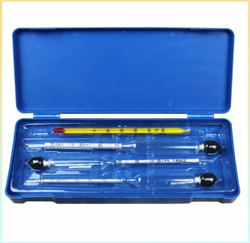 Эксклюзивный набор для точного контроля параметров жидкостей, включающий ареометрыспиртомеры 040 4070 70100 и термометр в защитном футляре