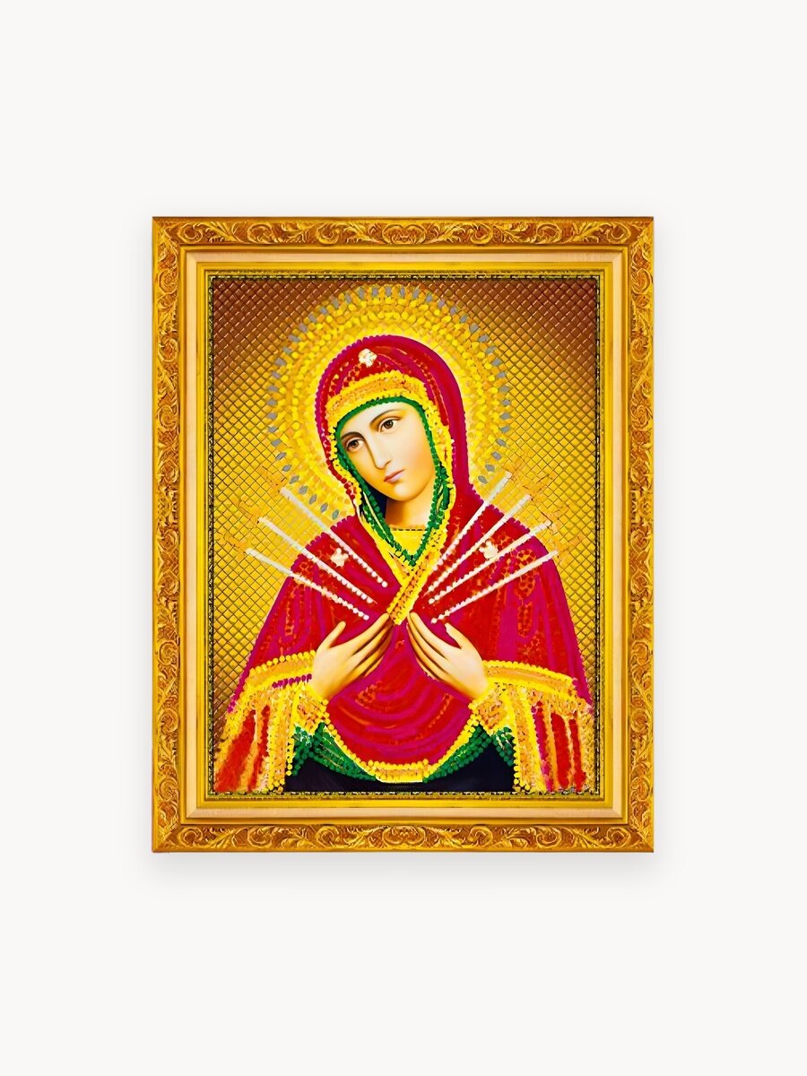 Алмазная мозаика икона Семистрельная Божья матерь, картина стразами, с рамкой на подставке, 15х20