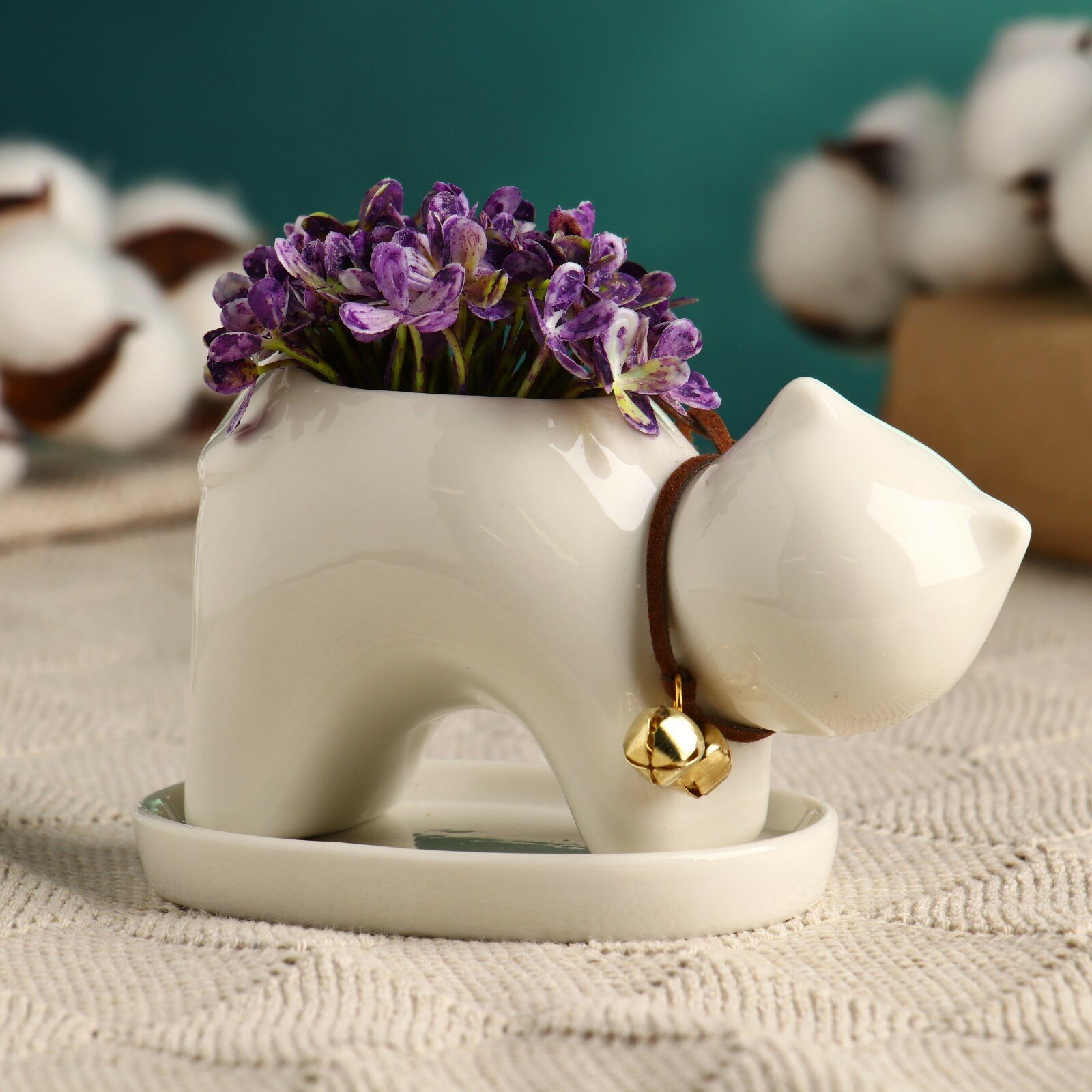 Декоративный горшок для цветов «Котёнок», 150 мл, 11.4×5.3×5.3 см, с поддоном, керамический, белый