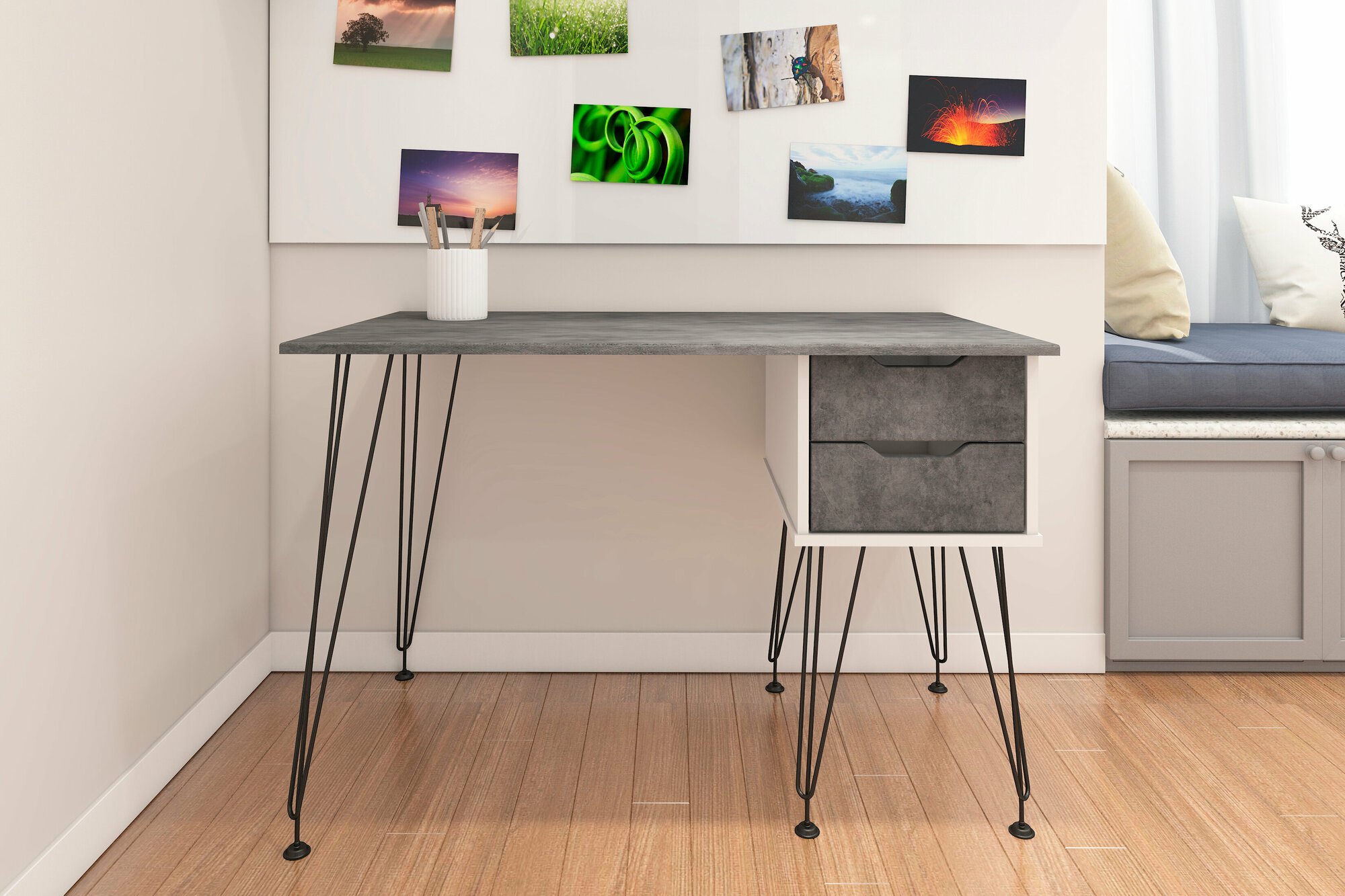 Стол письменный ВМФ Kraft, с двумя ящиками, белый-бетон лофт графит, 110×60×73см, МДФ, ЛДСП