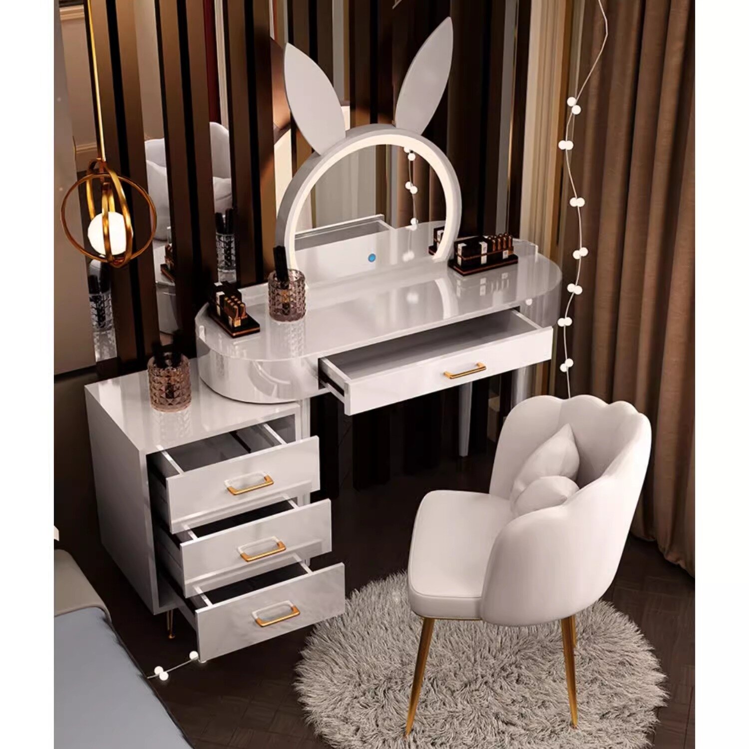 Туалетный столик Marshmallow (Белый столик /80см/ зеркало с ушками/кресло с подушкой бантиком)