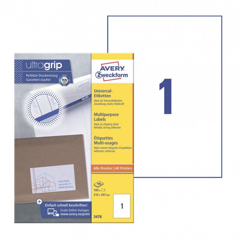 Этикетки Avery Zweckform 3478 A4 210x297мм 1шт на листе/70г/м2/100л./белый матовое самоклей. универс