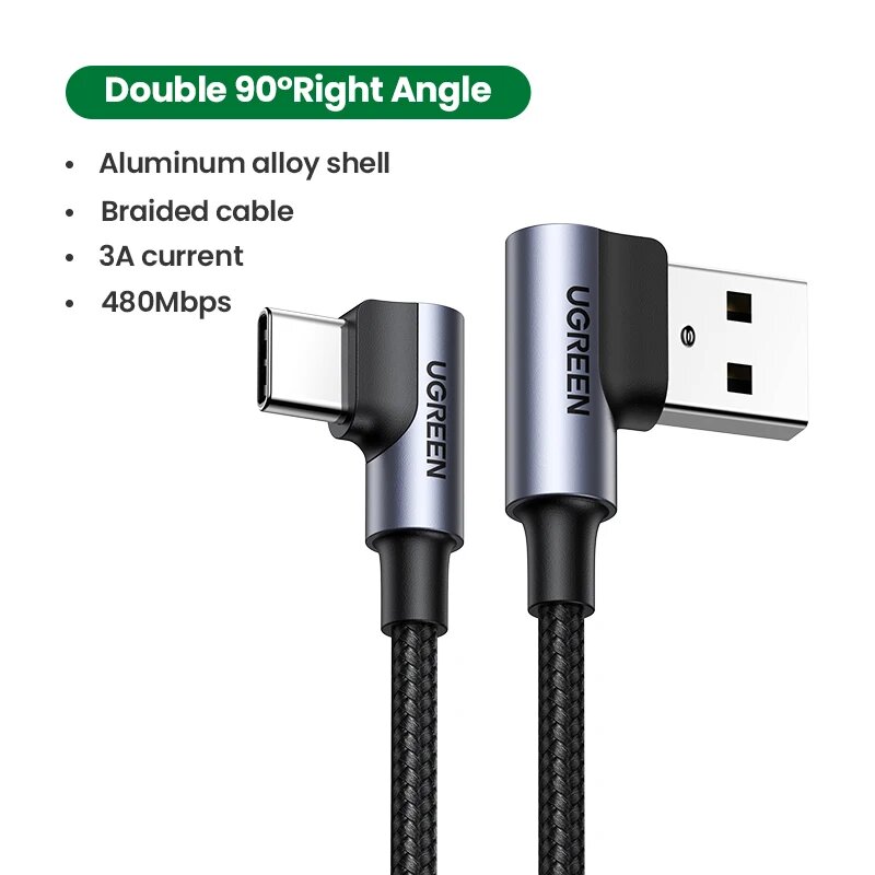 Кабель Ugreen USB-Type C для телефонов Android, угловой, 3A, 0.5-2 м 1m, Double Angle Grey