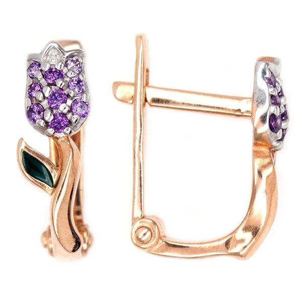 Серьги, красное золото, 585 проба, эмаль, фианит