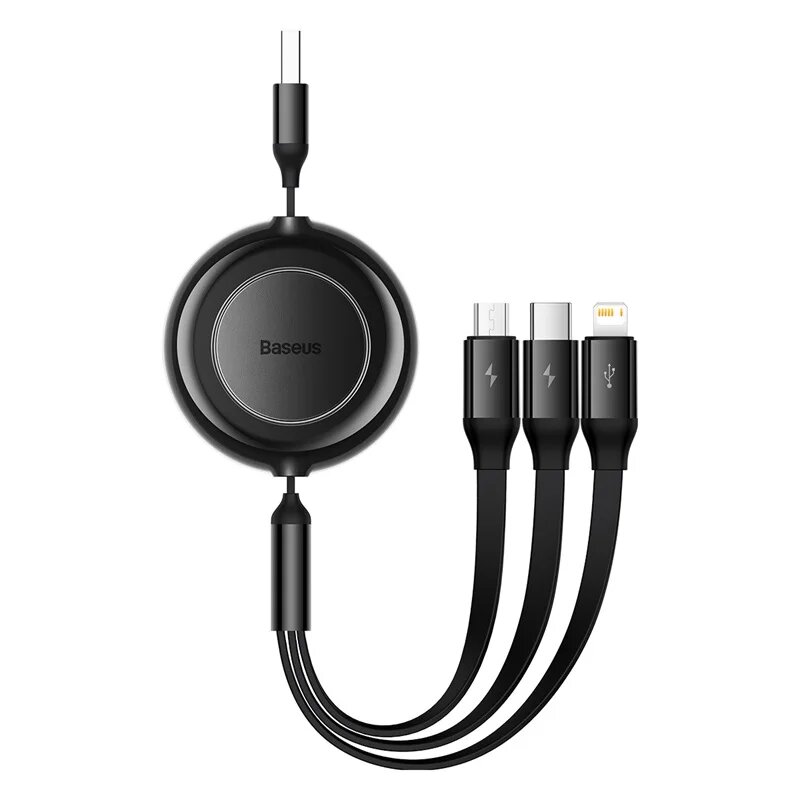 Baseus 3-в-1 USB кабель-котушка, черный, для iPhone/Samsung/Type-C