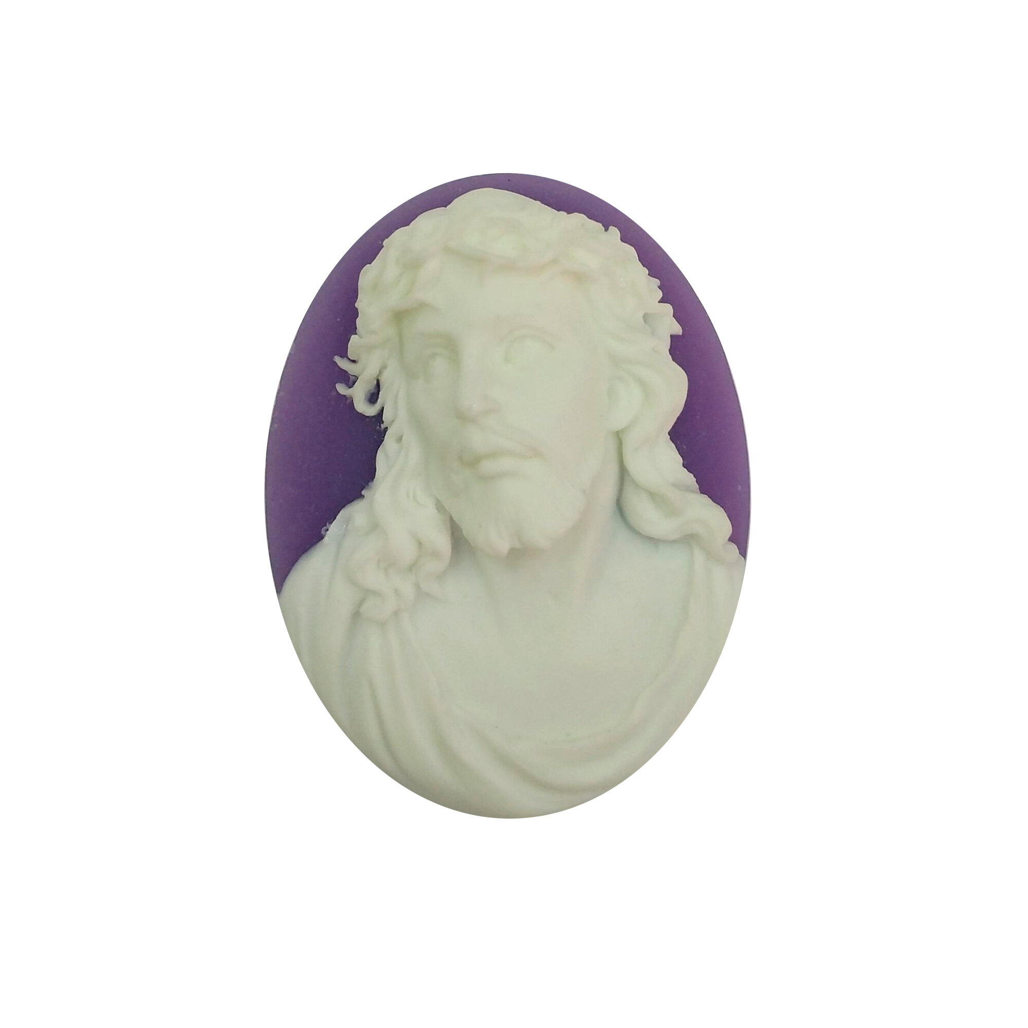 Камея акриловая, 40х30мм, Иисус в терновом венке, белый на фиолетовом, 1 шт.