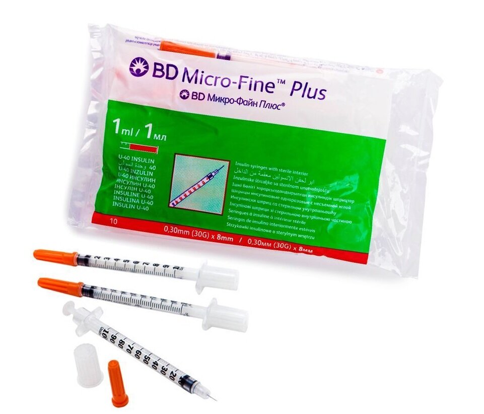 Шприцы инсулиновые BD Micro-Fine Plus 1 ml U-100 с несъемной иглой 30 G, 10 штук